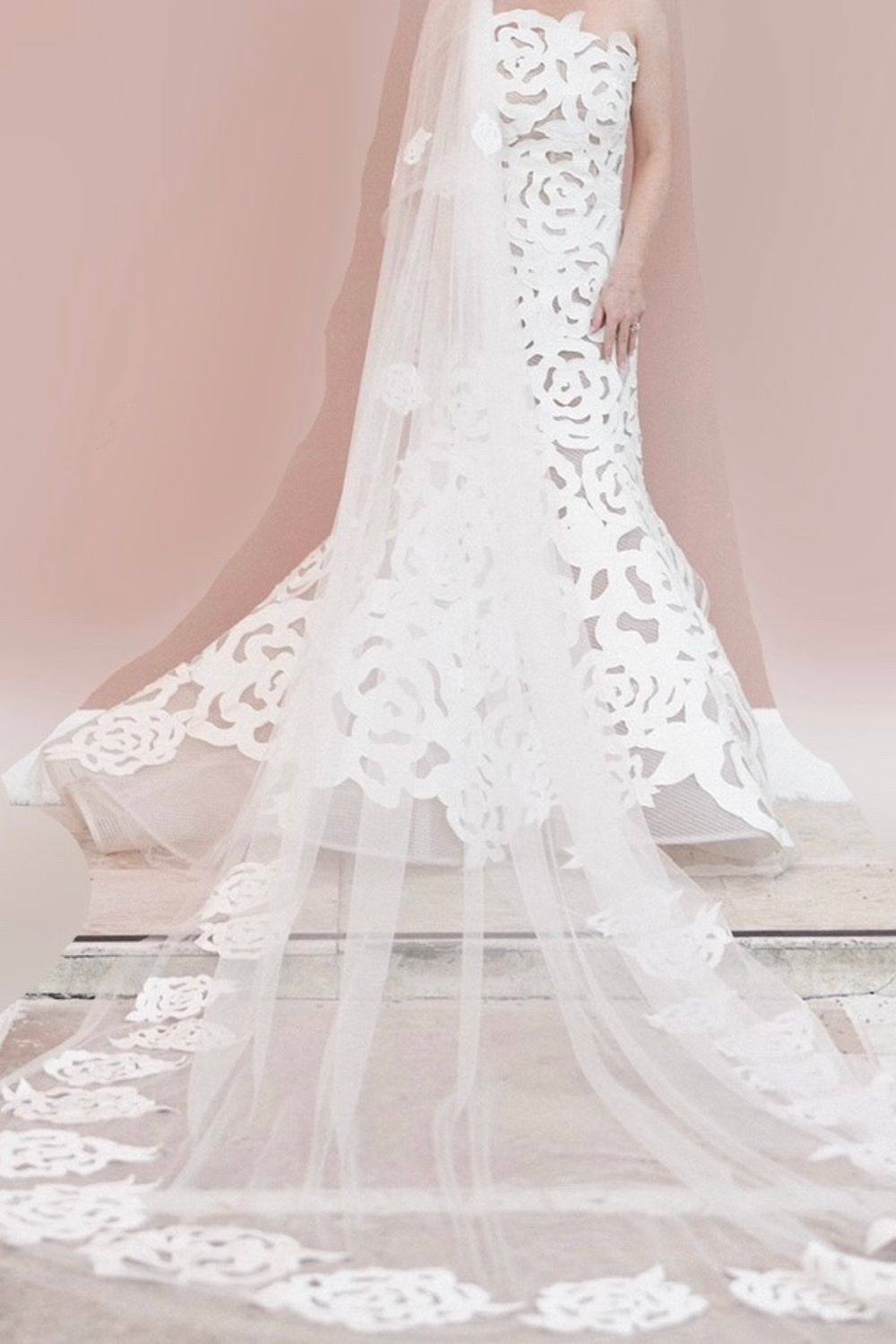 Used Oscar de la Renta Rose Applique Embroidered Veil Only Veil